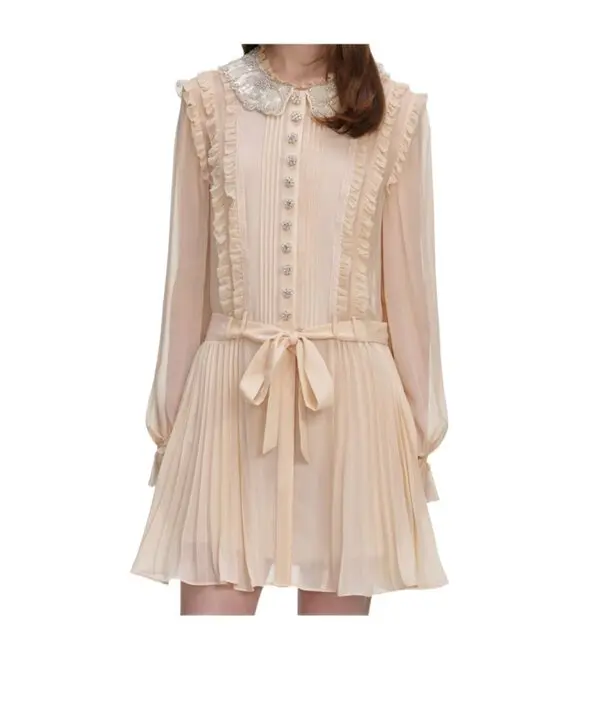 SELF-PORTRAIT Pleated Georgette Mini Dress With Embellished Collar