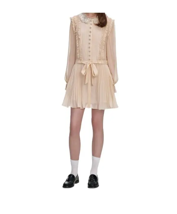 SELF-PORTRAIT Pleated Georgette Mini Dress With Embellished Collar
