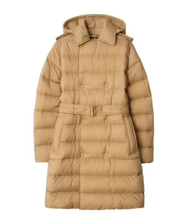 Burberry Double-breasted Belted Hooded Puffer Coat - Light Brown