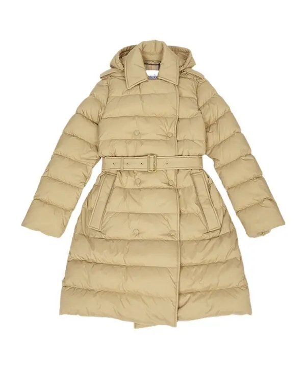 Burberry Double-breasted Belted Hooded Puffer Coat - Light Brown