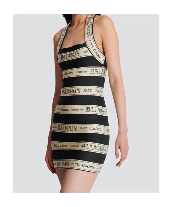Balmain Logo Jacquard Halterneck Mini Dress - Black