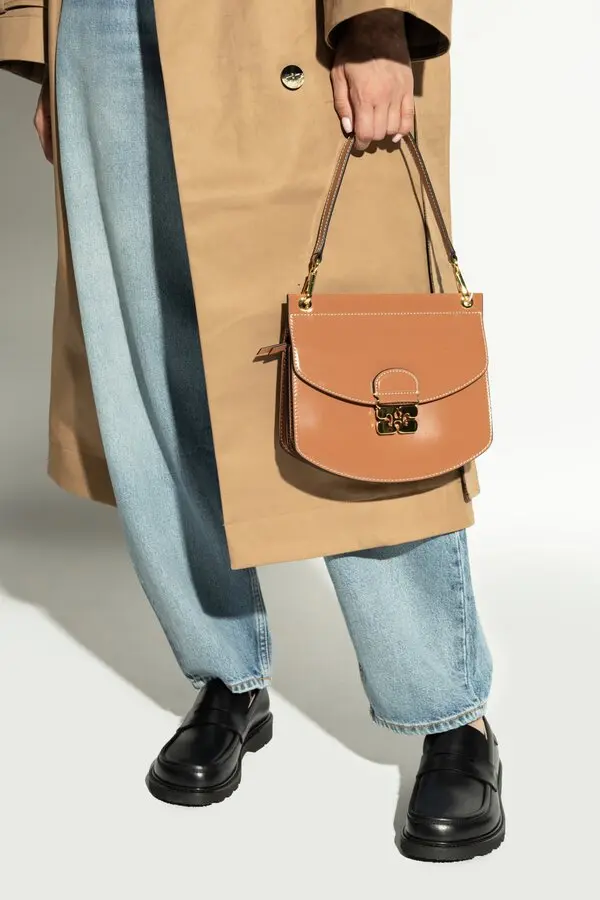 GANNI Logo Plaque Shoulder Bag - Brown