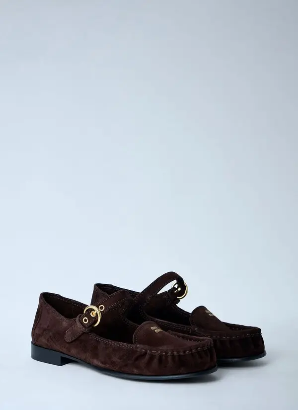 Miu Miu Suede Mary Jane Loafers With Buckle Strap