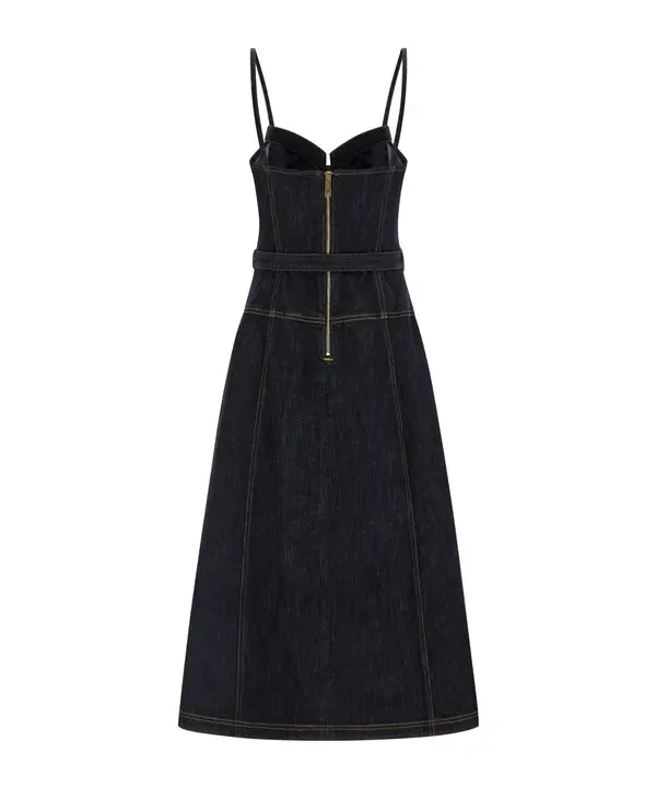 SELF-PORTRAIT Belted Paneled Denim Midi Dress