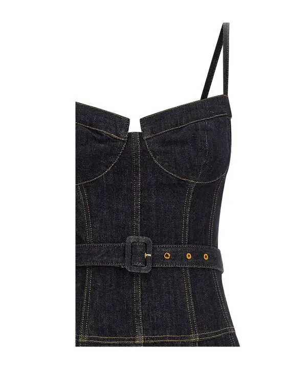SELF-PORTRAIT Belted Paneled Denim Midi Dress