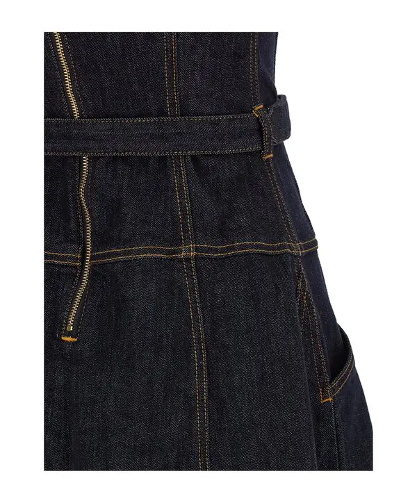SELF-PORTRAIT Belted Paneled Denim Midi Dress