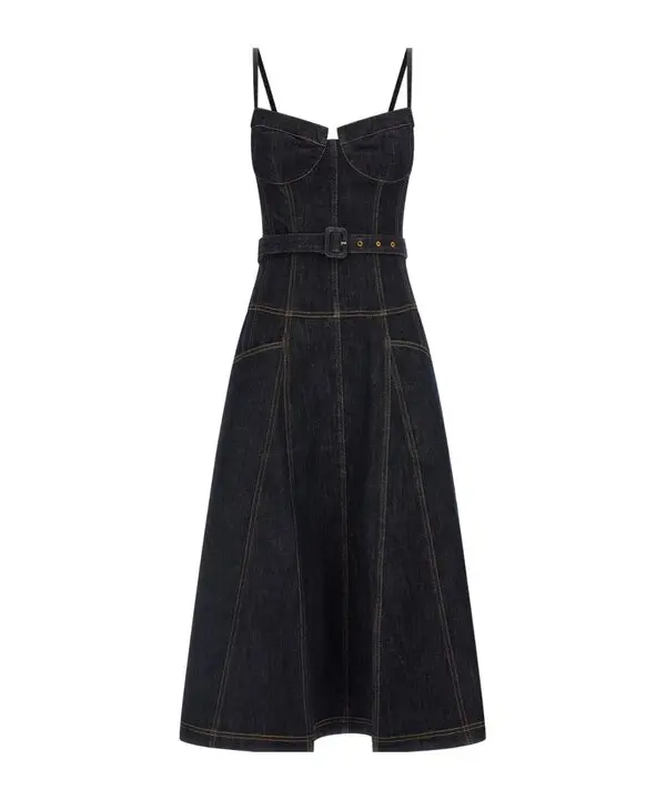 SELF-PORTRAIT Belted Paneled Denim Midi Dress - Blue
