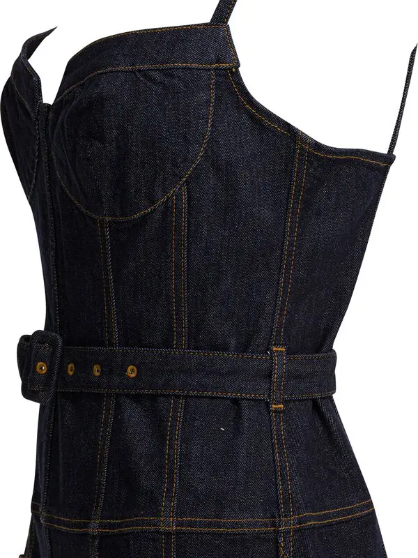 SELF-PORTRAIT Belted Paneled Denim Midi Dress - Blue