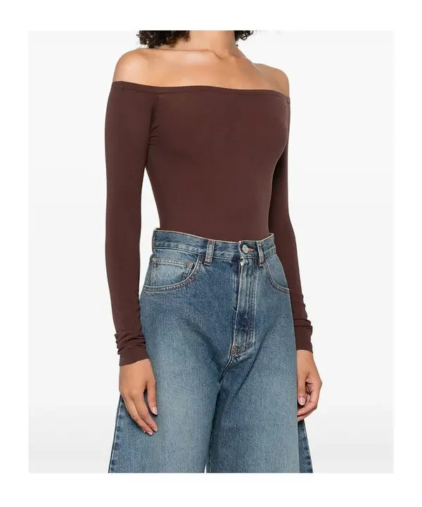 Alaïa Second-skin Knit Off-shoulder Bodysuit - Chocolate