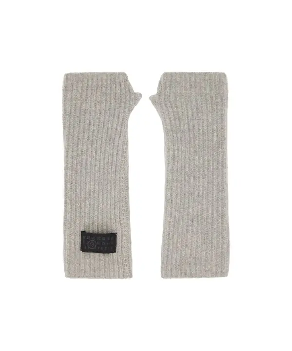 MAISON MARGIELA Ribbed Knit Fingerless Gloves With Drawstring Logo Patch - Grey