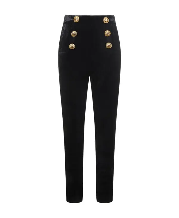 Balmain Skinny Velvet Trousers With Embossed Gold Buttons - Black