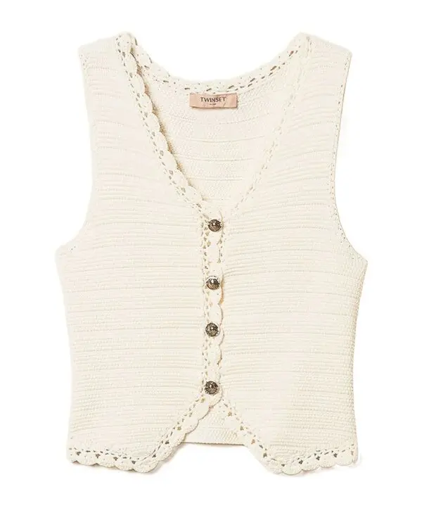 TWINSET Crochet Detailed Knit Waistcoat - White
