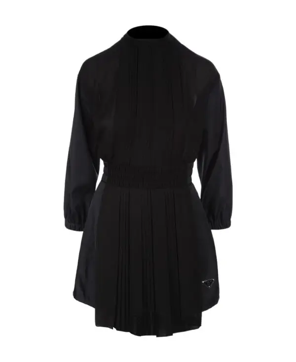 Prada Logo Plaque Long-sleeved Pleated Playsuit - Black