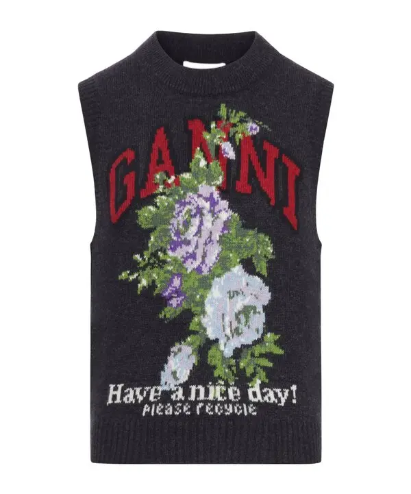 GANNI Wool Vest With Floral Motif - Phantom Black