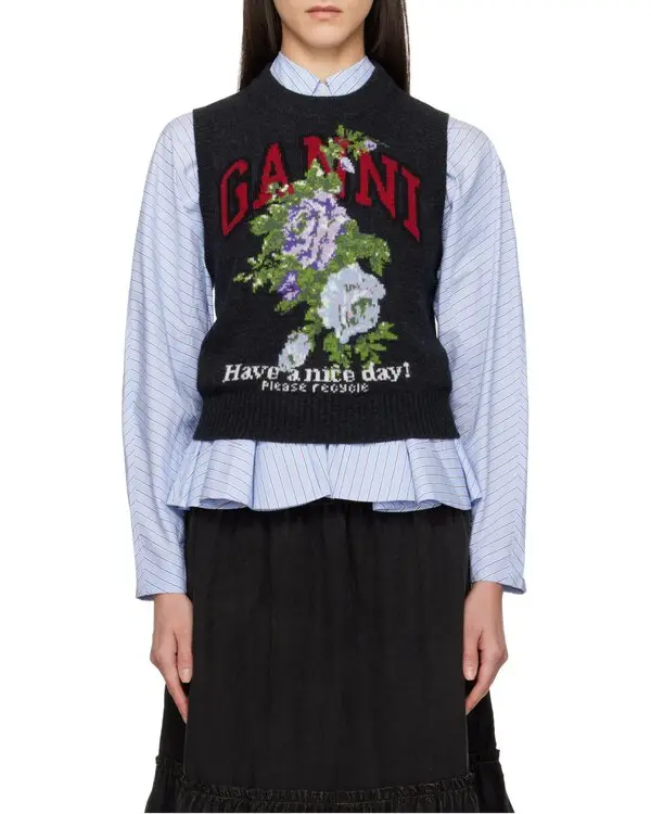 GANNI Wool Vest With Floral Motif