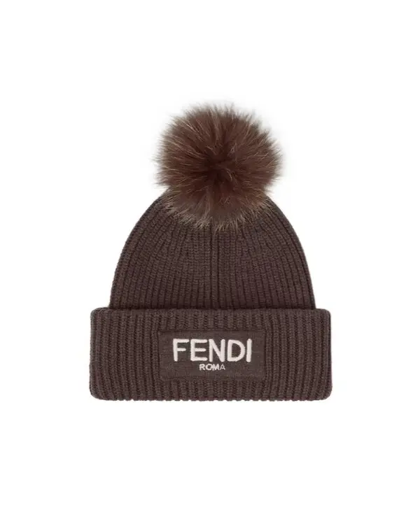Fendi Logo Embroidered Pompom Detail Beanie - Brown