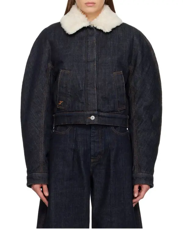 Jacquemus Denim Bomber Jacket With Fur Collar - No