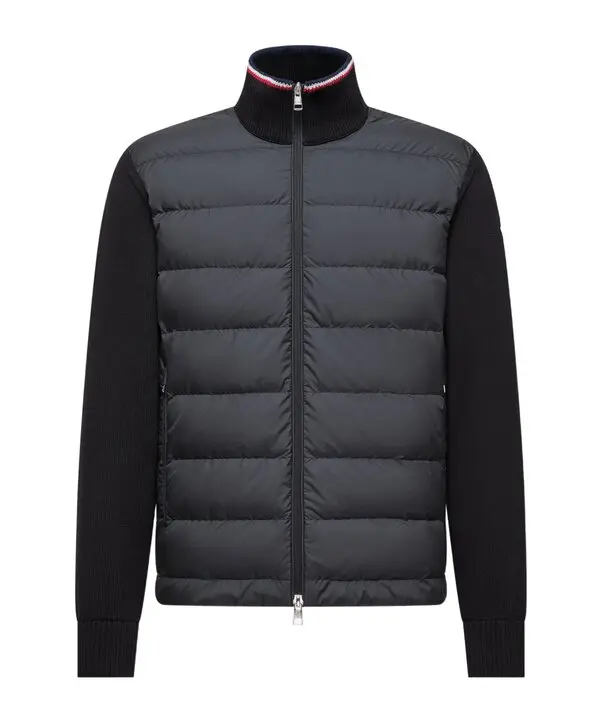 Moncler High-neck Quilted Cardigan With Tricolour Trim - Black