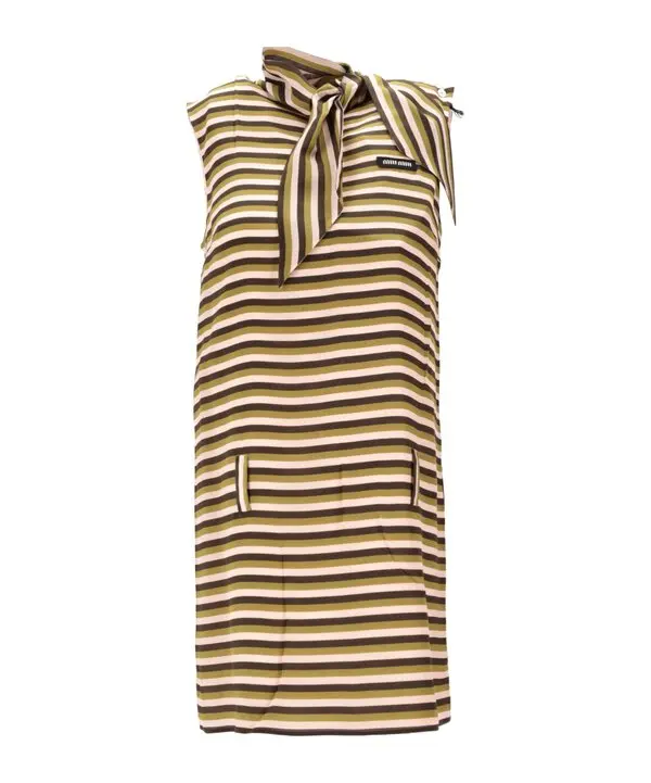Miu Miu Sleeveless Striped Dress With Tie Neckline - Green