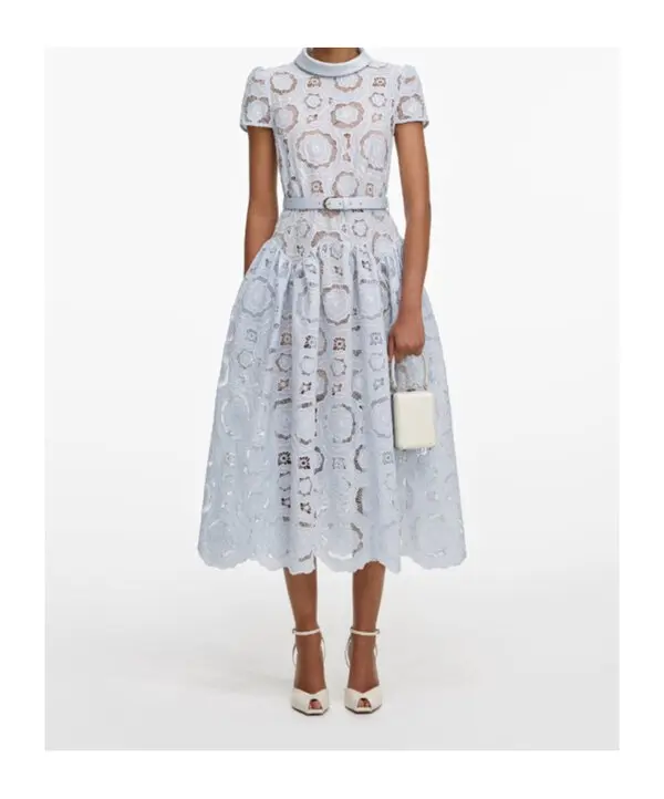 SELF-PORTRAIT Floral Lace Midi Dress With Belt - Blue