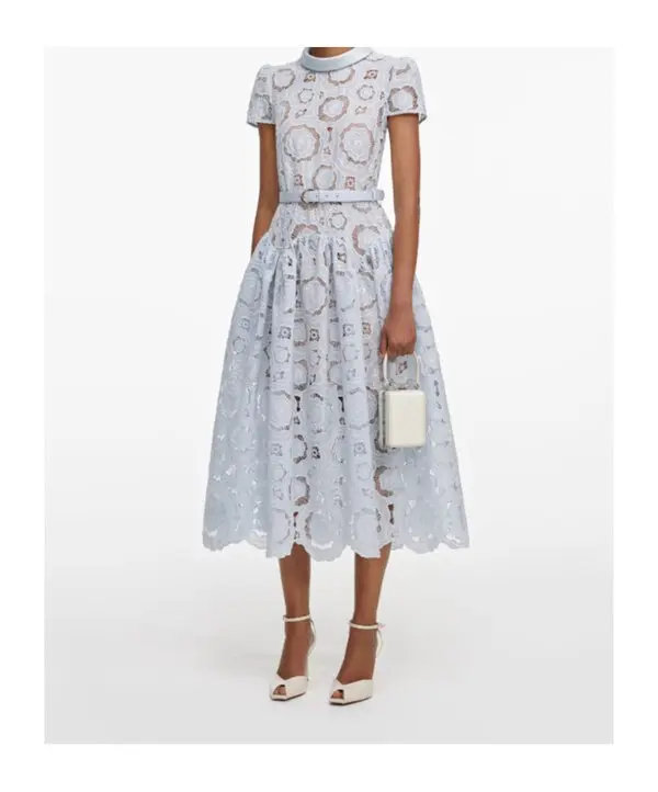 SELF-PORTRAIT Floral Lace Midi Dress With Belt - Blue