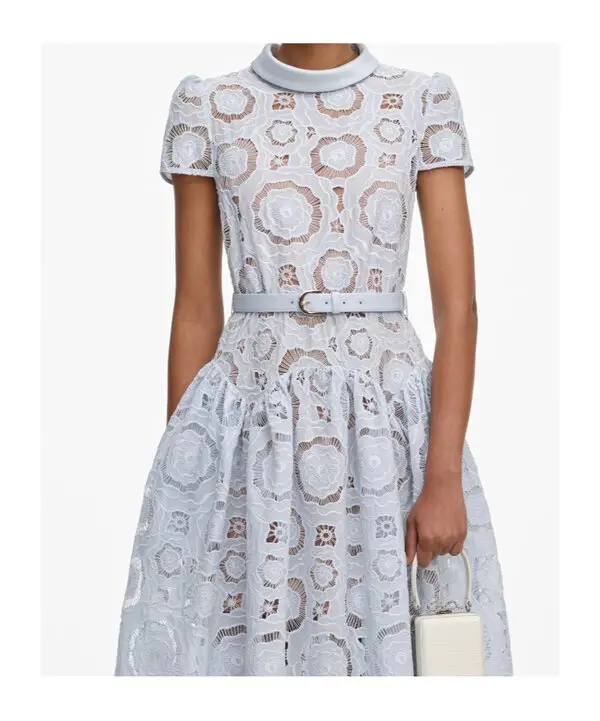 SELF-PORTRAIT Floral Lace Midi Dress With Belt - Blue