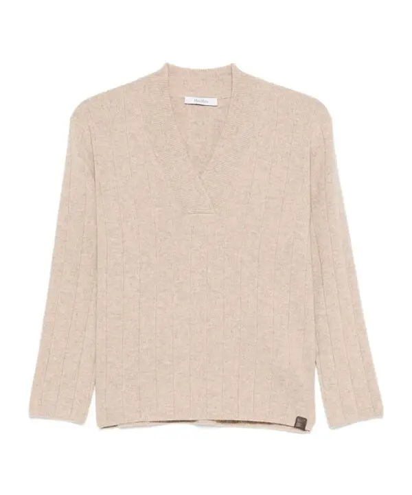 Max Mara Arten Ribbed V-neck Long Sleeve Jumper - Nude