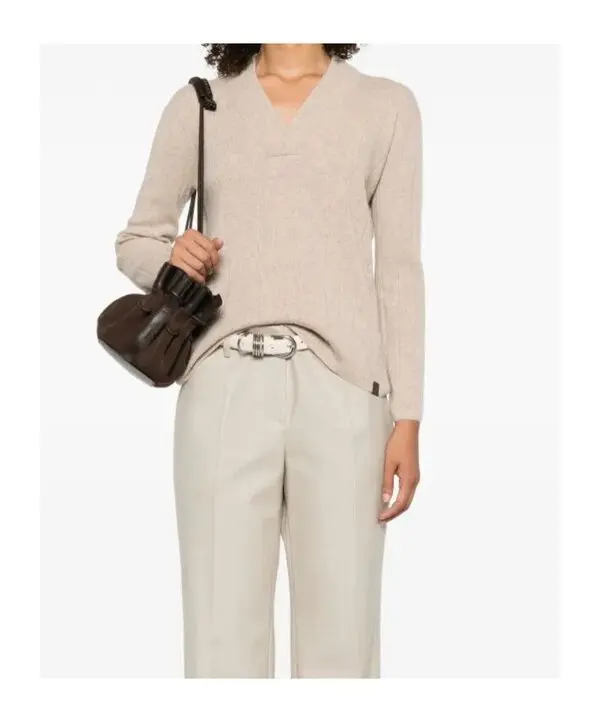 Max Mara Arten Ribbed V-neck Long Sleeve Jumper - Nude