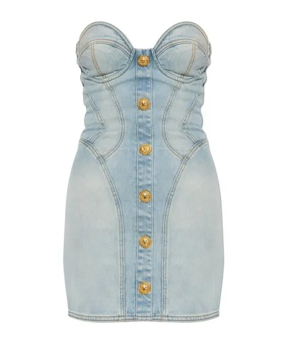 Balmain Strapless Button-detailed Denim Mini Dress