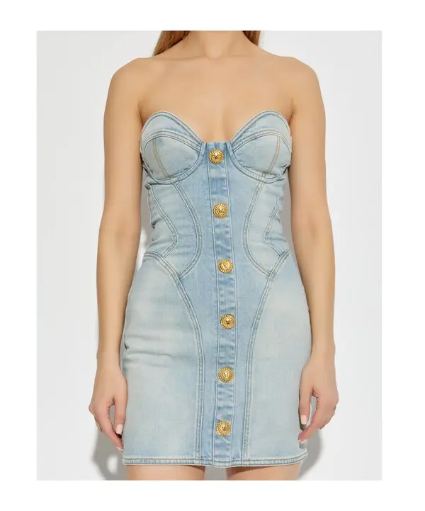 Balmain Strapless Button-detailed Denim Mini Dress