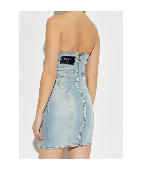 Balmain Strapless Button-detailed Denim Mini Dress