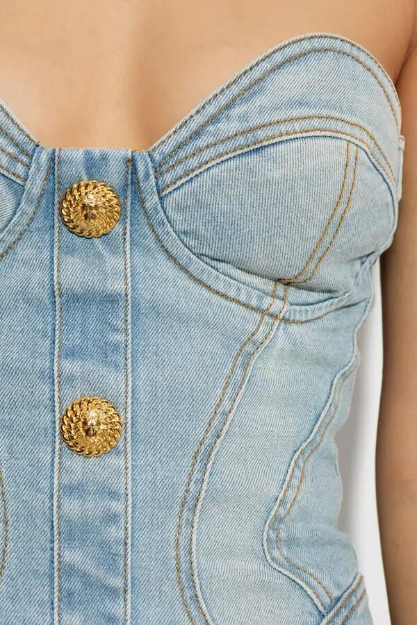 Balmain Strapless Button-detailed Denim Mini Dress