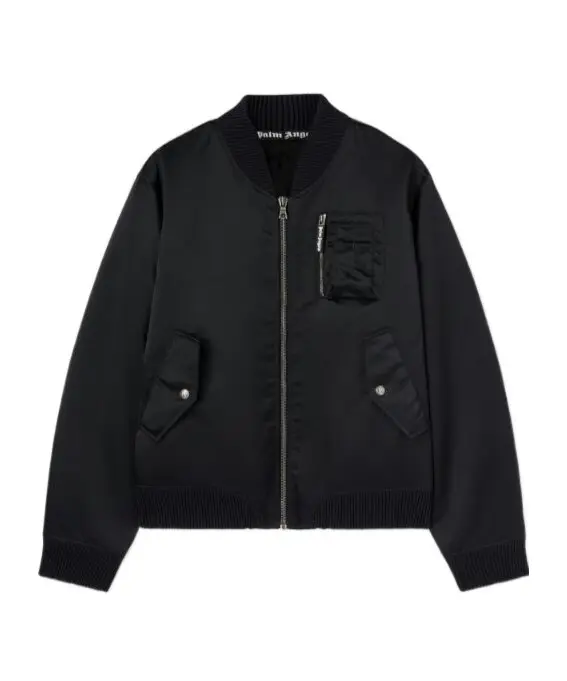 Palm Angels Curved Logo Zipped Bomber Jacket - Black - Black