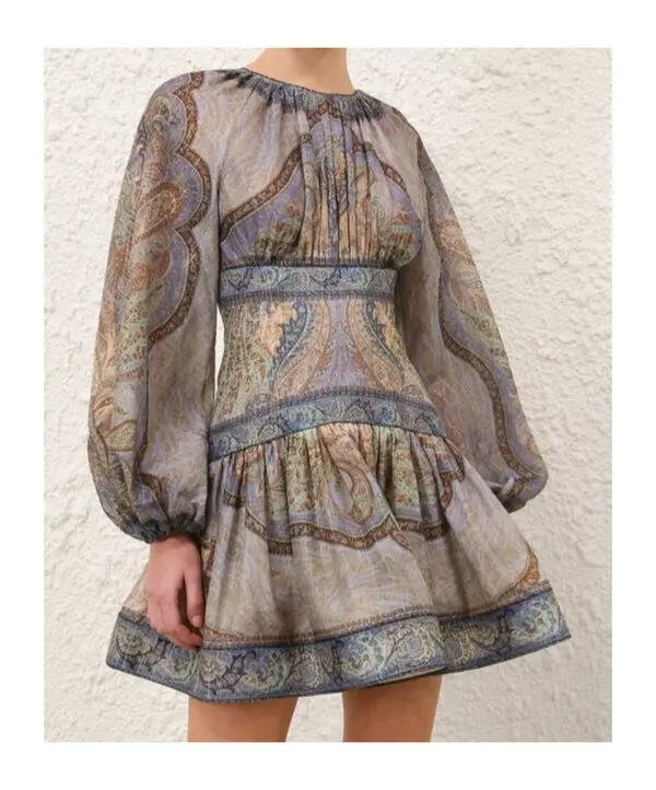Zimmermann Wanderlust Mini Dress With Boning And Shirred Details - Tapestry Blue Multi