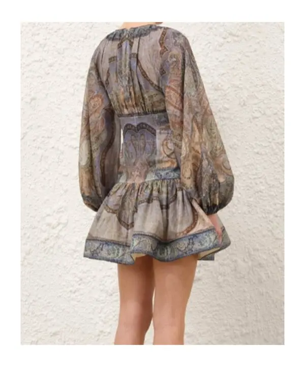 Zimmermann Wanderlust Mini Dress With Boning And Shirred Details - Tapestry Blue Multi