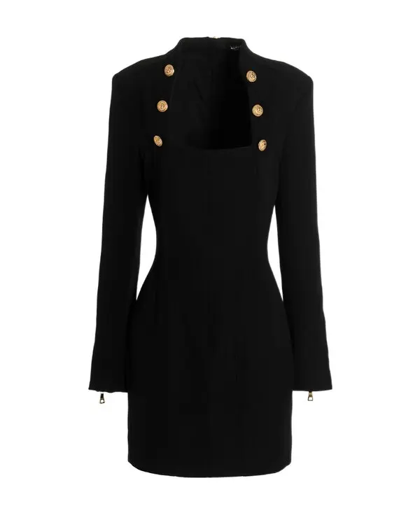 Balmain Square-neck Wool Mini Dress With Decorative Buttons