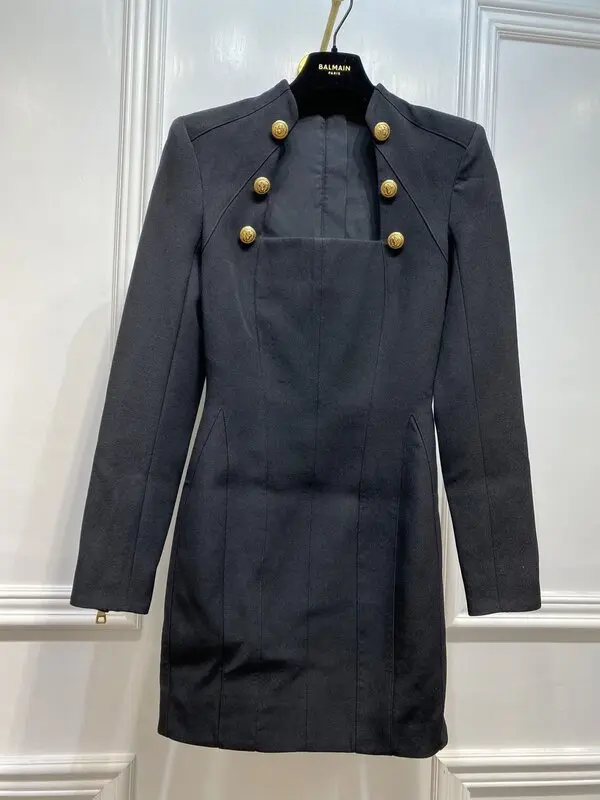Balmain Square-neck Wool Mini Dress With Decorative Buttons