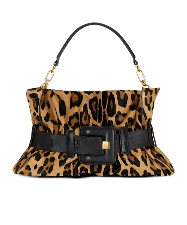 Balmain Medium Leopard Print Ponyskin-style Bag With Buckle Detail - Brown