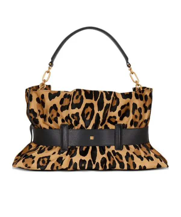 Balmain Medium Leopard Print Ponyskin-style Bag With Buckle Detail - Brown