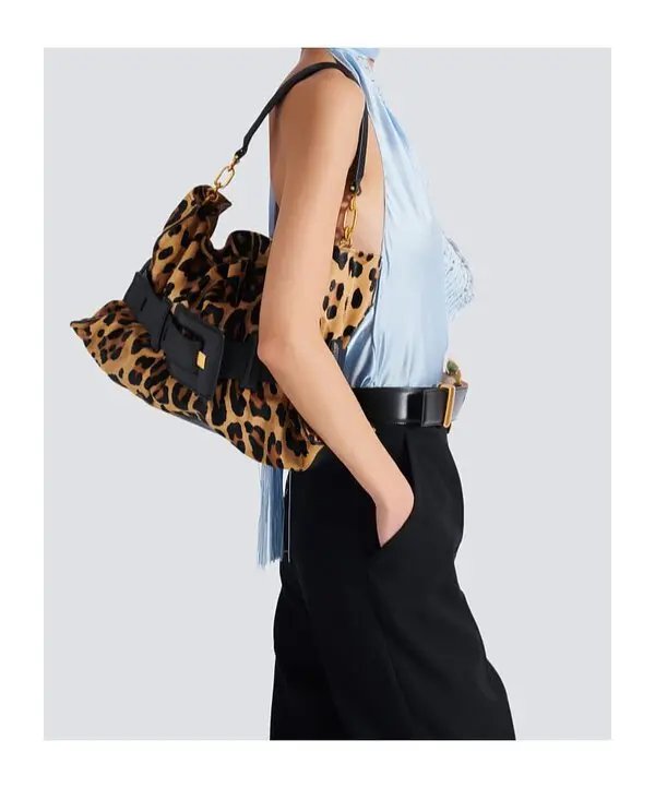 Balmain Medium Leopard Print Ponyskin-style Bag With Buckle Detail - Brown