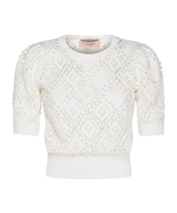 TWINSET Embellished Short-sleeved Knitted Sweater - White