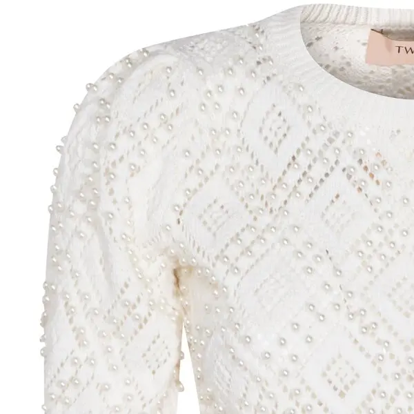TWINSET Embellished Short-sleeved Knitted Sweater - White