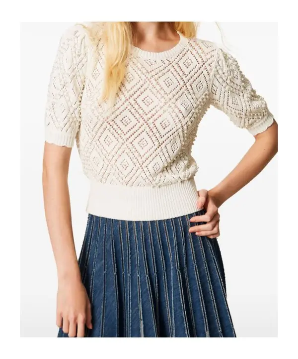TWINSET Embellished Short-sleeved Knitted Sweater - White