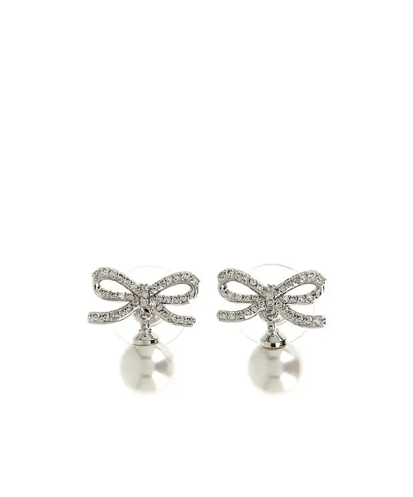 SELF-PORTRAIT Bow Detail Earrings With Pearl Pendant - Gray