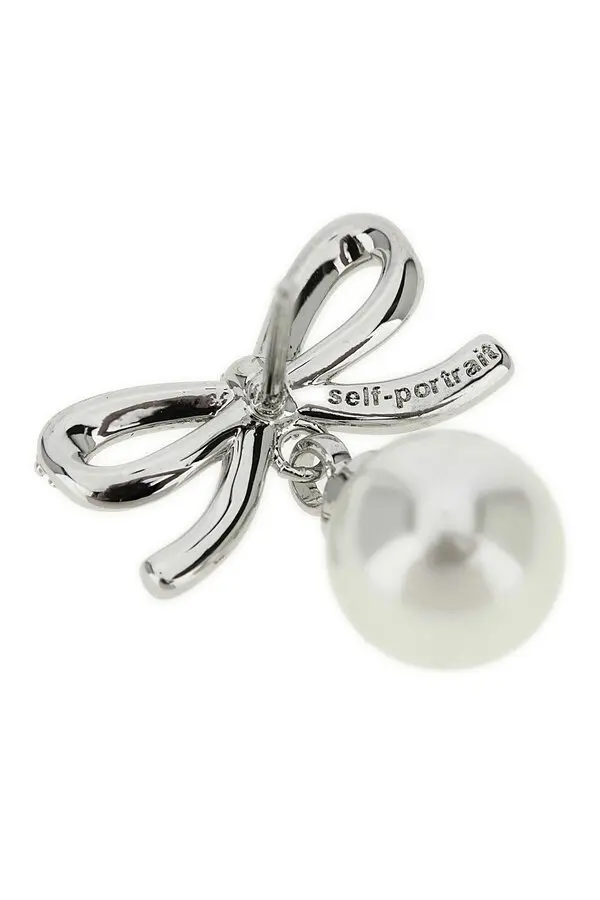 SELF-PORTRAIT Bow Detail Earrings With Pearl Pendant - Gray