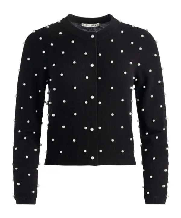 ALICEOLIVIA Alice + Olivia Dollie Pearl Embellished Cropped Cardigan - Black