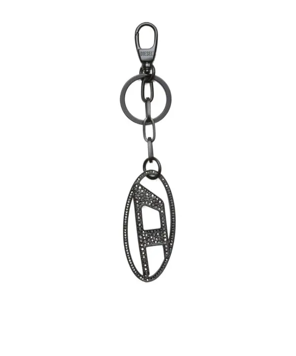 DIESEL® Oval D Keyring With Crystal Embellishments - Black/silver
