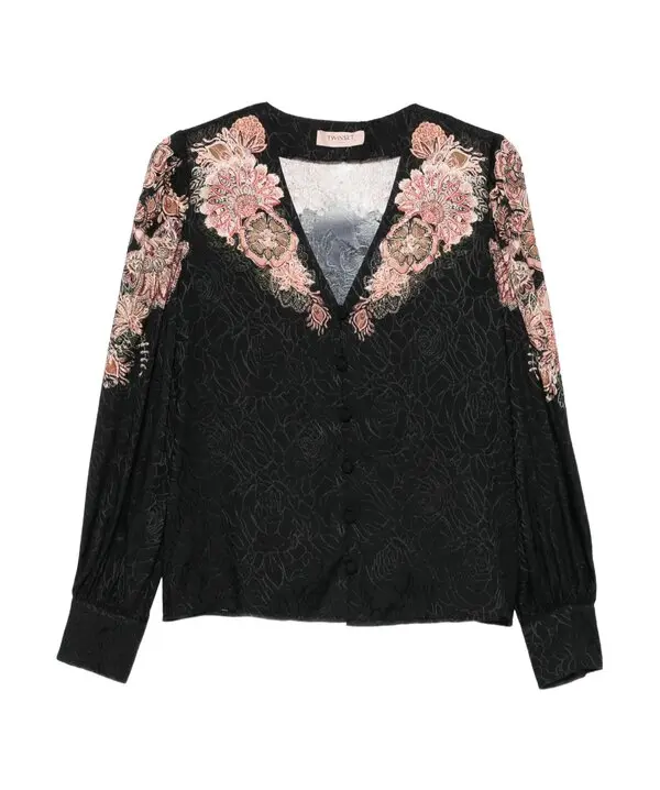 TWINSET Floral Print V-neck Long Sleeve Shirt - Black