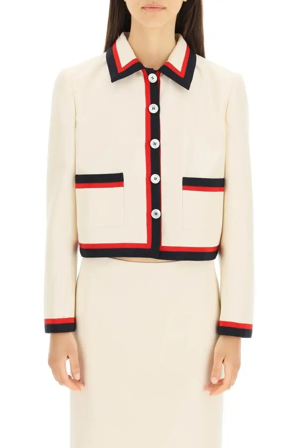 Miu Miu Single-breasted Panama Silk Jacket With Contrasting Trim