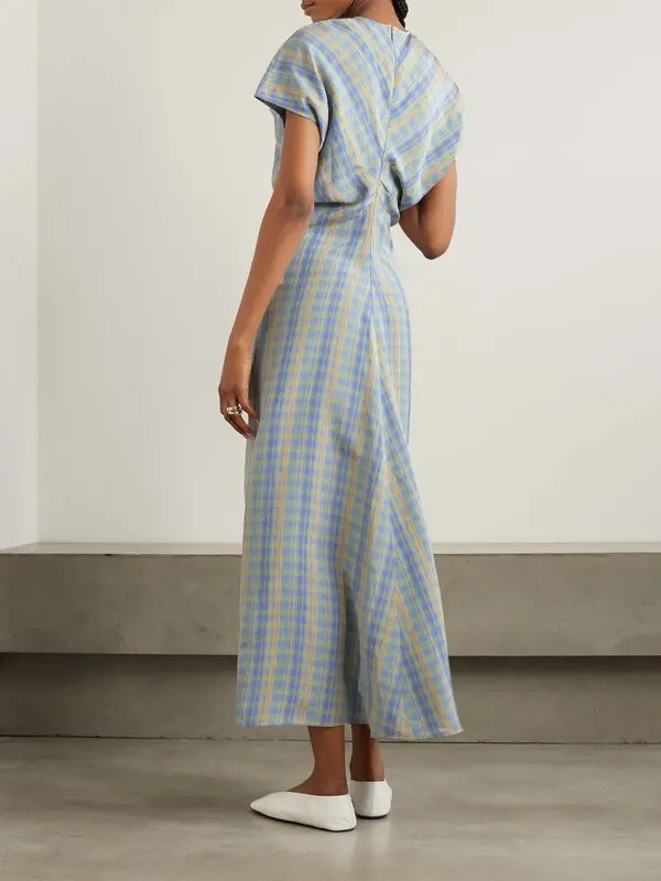 TOTEME Plaid Pleated Midi Dress - Gray